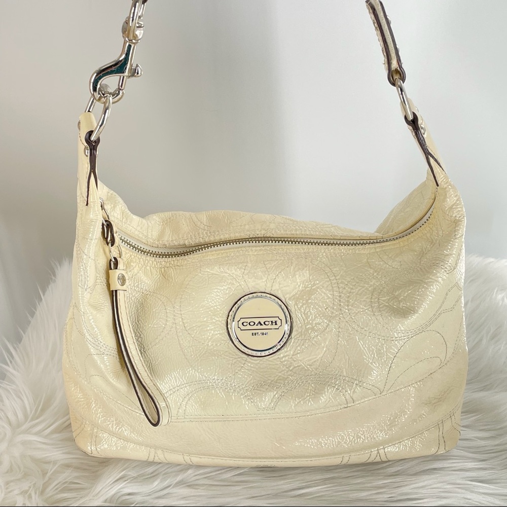 Coach Ivory Patent Leather Signature Stitched Hobo Bag - Gem